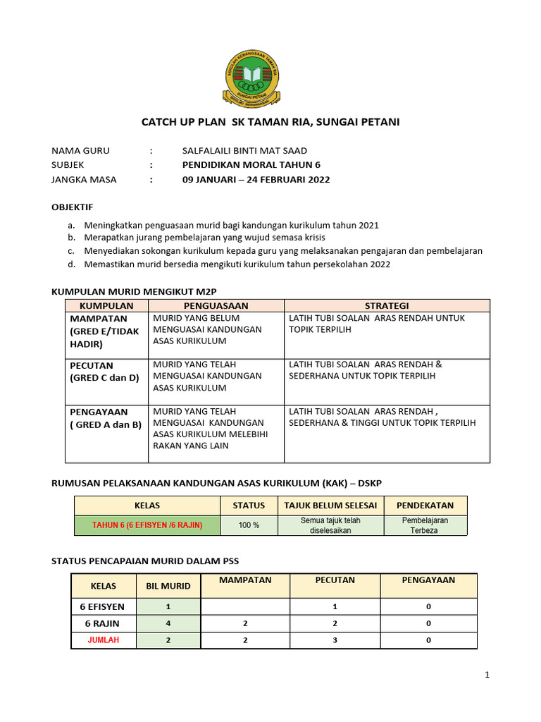 Catch Up Plan Pendidikan Moral Tahun 6 - Salfalaili | PDF