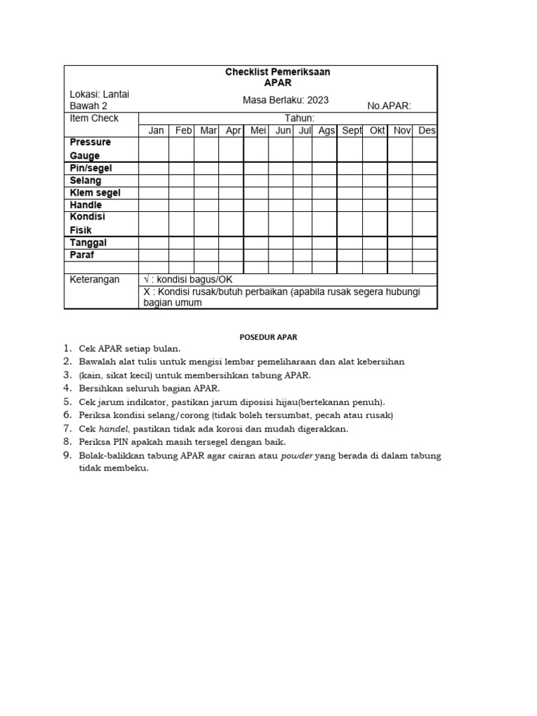 Checklist Pemeriksaan APAR (2) | PDF
