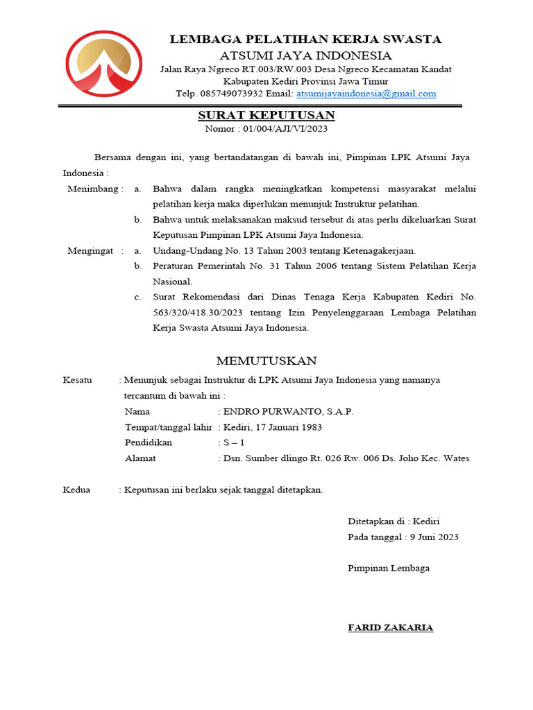 SK Instruktur LPK ATSUMI | PDF