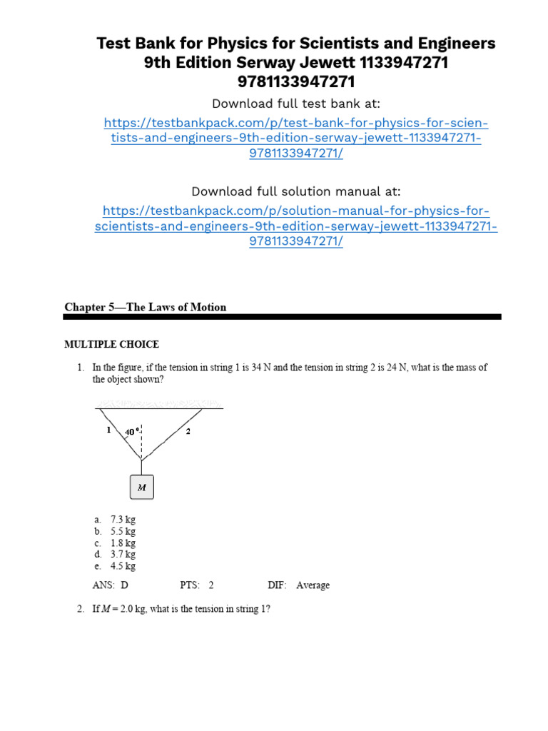 Test Bank for Serway Physics 9th Edition | PDF | Project Gutenberg | Force