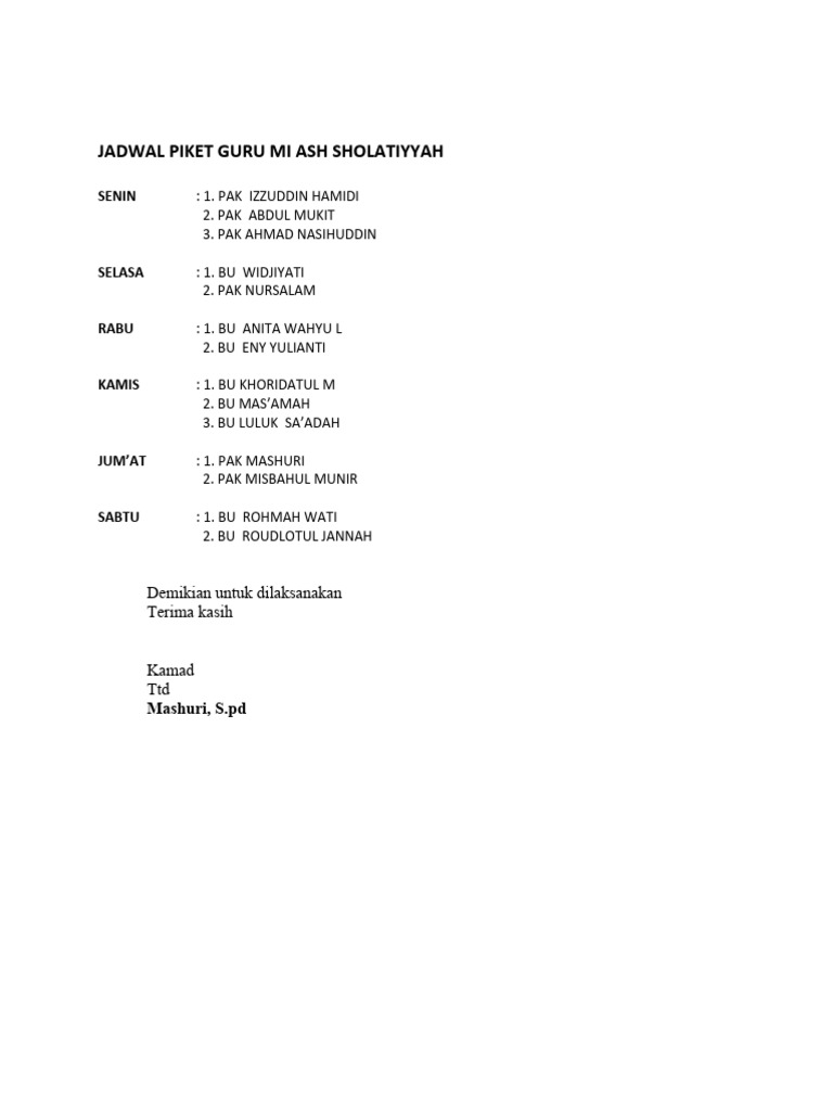 Jadwal Piket Guru Mi Ash Sholatiyyah - Doc New | PDF Jadwal Piket Guru Mi Ash Sholatiyyah - Doc New | PDF