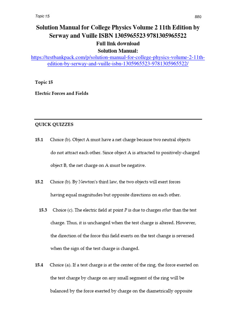 Solution Manual For College Physics Volume 2 11th Edition by Serway and Vuille ISBN 1305965523 ...