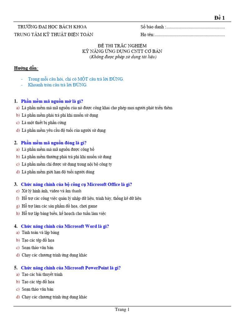 De Thi Trac Nghiem CNTT | PDF