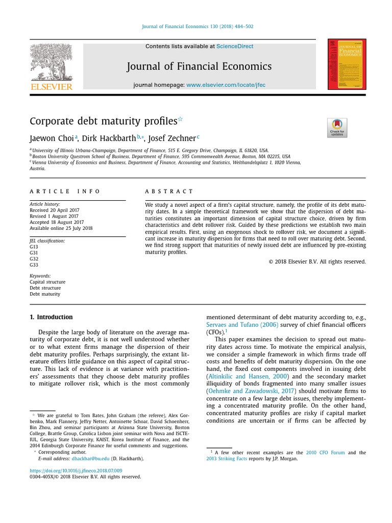 Choi, Hackbarth and Zechner (JFE, 2018) Corporate Debt Maturity Profiles | PDF