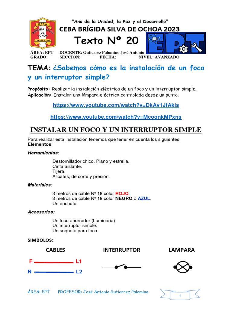 Sabemos Cómo Es La Instalación de Un Foco y Un Interruptor Simple | PDF