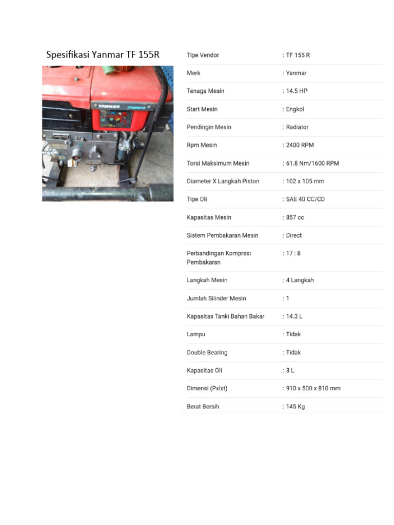 Spesifikasi Yanmar TF 155R | PDF