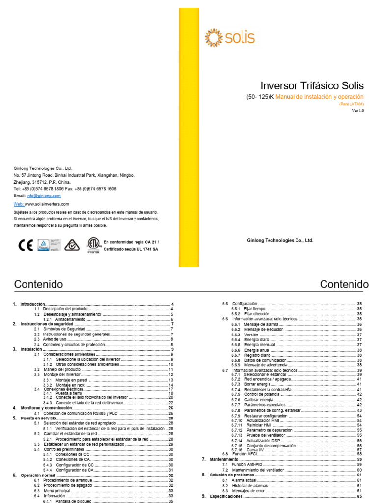 Solis Manual (124-125) K-HV-5G MEX V1,0 | PDF | Ingenieria Eléctrica | Inversor de energia