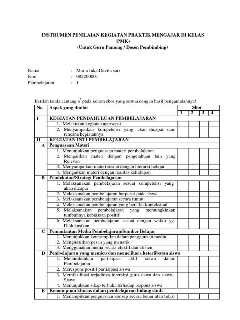 Instrumen Penilaian Kegiatan Praktik Mengajar Di Kelas | PDF