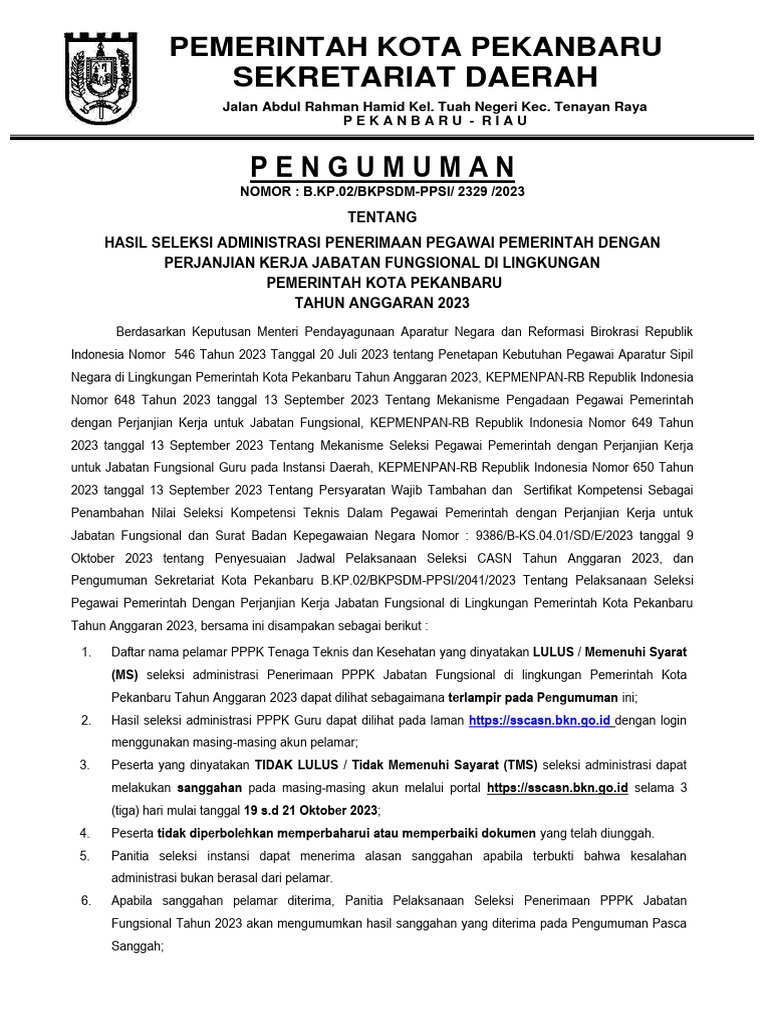 Pengumuman Hasil Seleksi PPPK 2023 | PDF