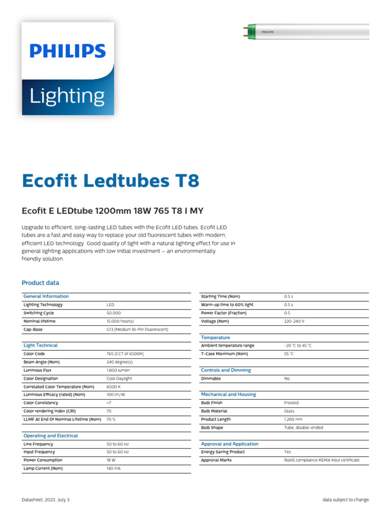 Ecofit E LEDtube 1200mm 18W 765 T8 I MY 6000K | PDF | Lighting | Light Emitting Diode