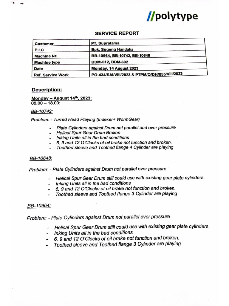 Service Report Polytype 14 Aug 2023 | PDF