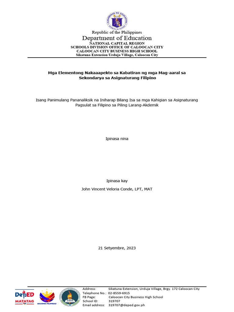 Sample Title Page Panimulang Pananaliksik | PDF