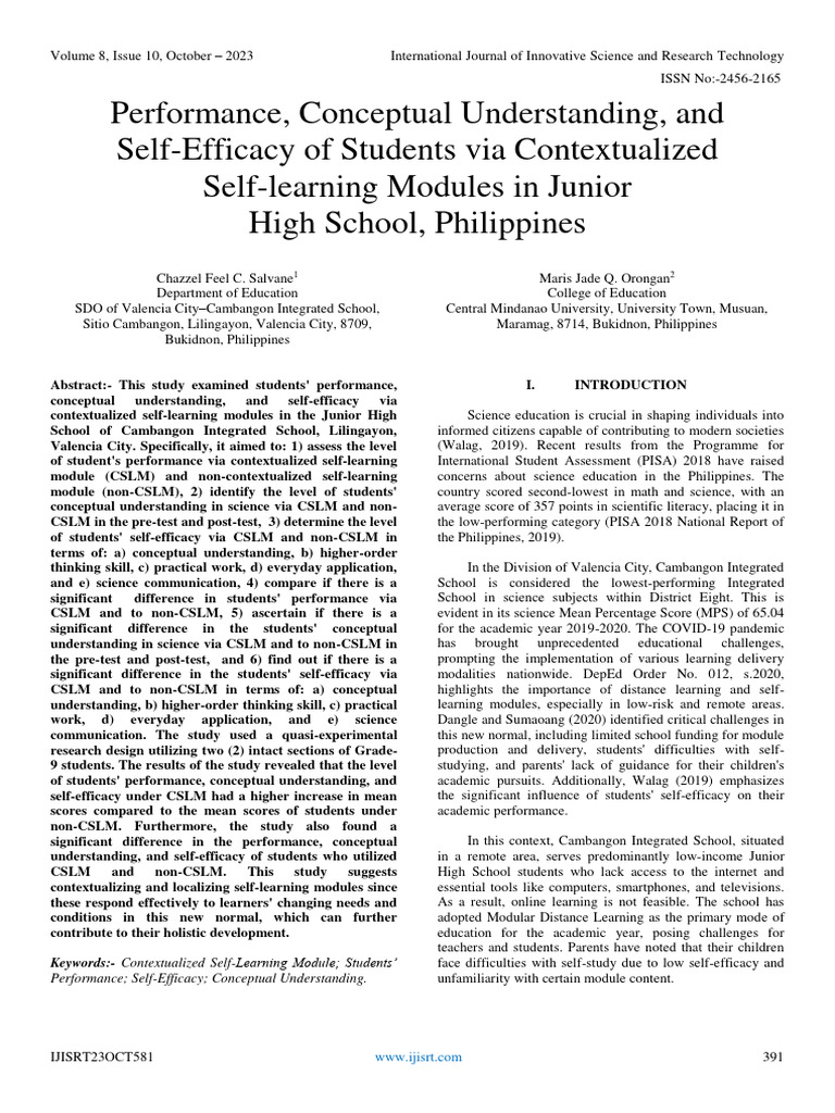 Performance, Conceptual Understanding, and Self-Efficacy of Students ...