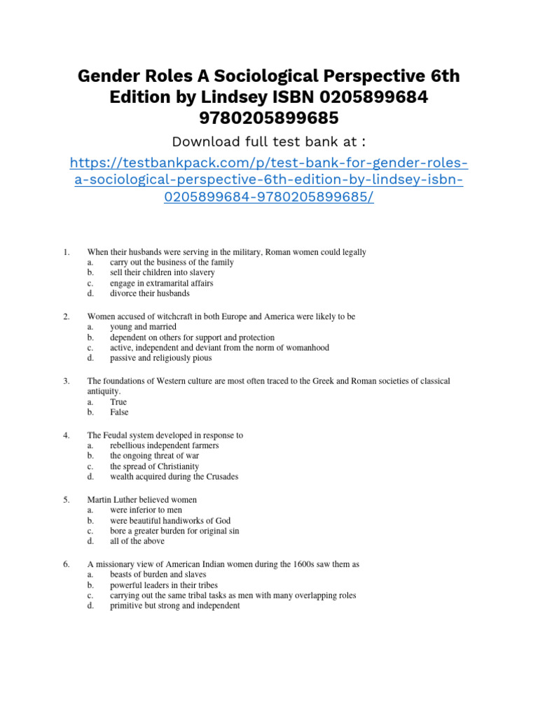 Gender Roles A Sociological Perspective 6th Edition Lindsey Test Bank 1 ...