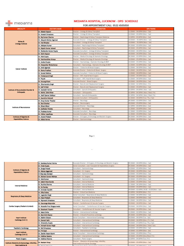 Lucknow OPD Schedule | PDF