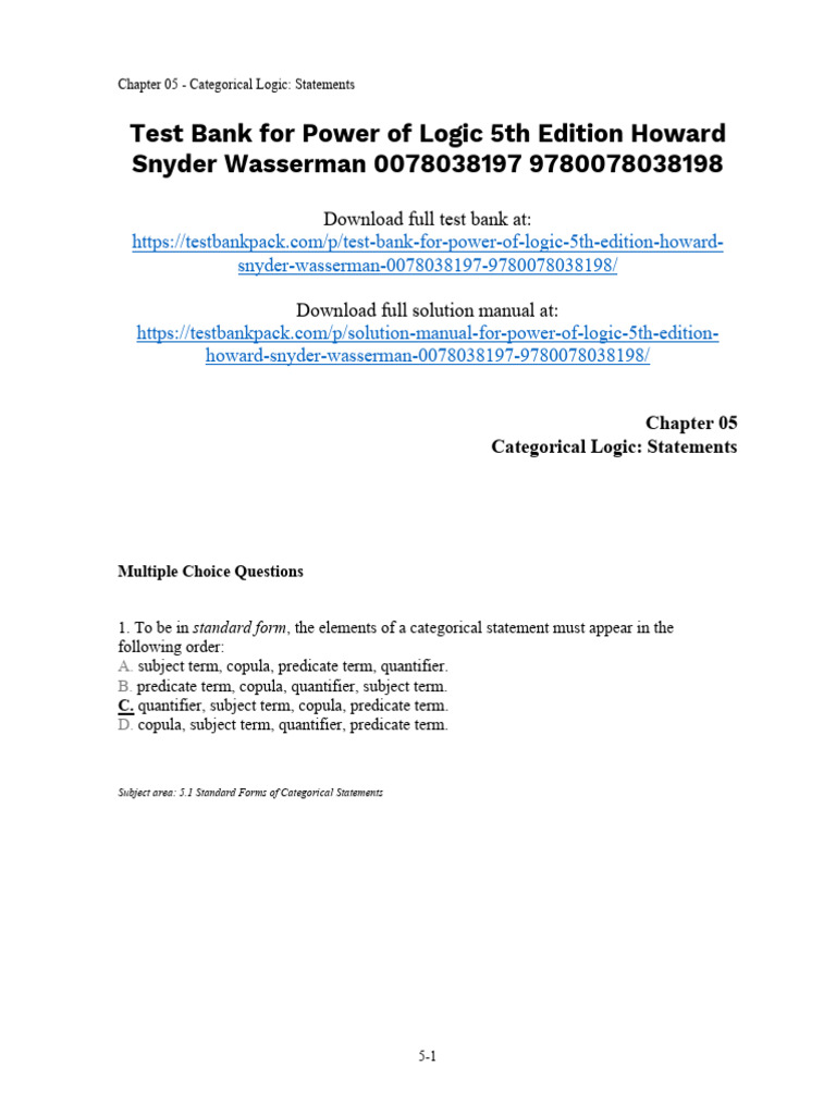 Power of Logic 5th Edition Howard-Snyder Test Bank 1 | PDF | Logic