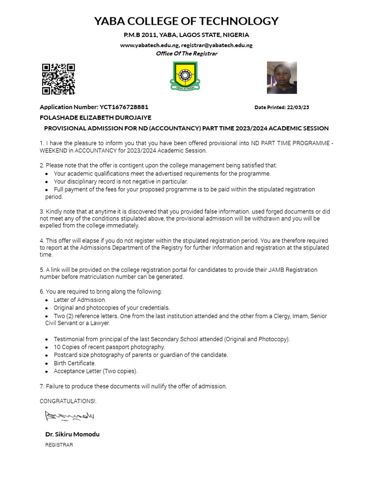 YABATECH ND Part-Time Admission | PDF