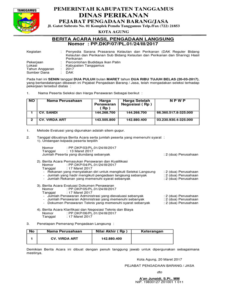 Berita Acara Pengadaan Langsung Pdf