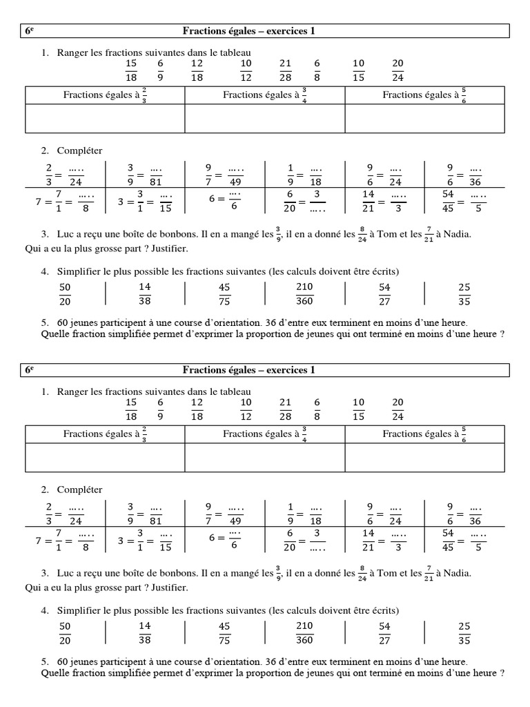 6e - Math - S 17 - Fractions - Ex Fractions Egales 1 | PDF