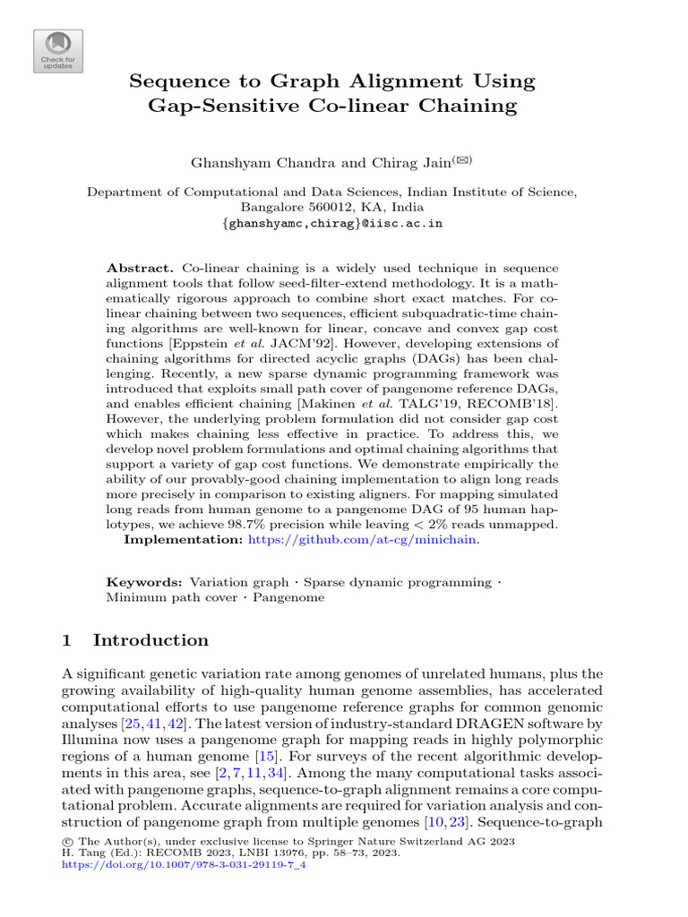 Sequence To Graph Alignment Using Gap-Sensitive Co-Linear Chaining | PDF | Sequence Alignment ...