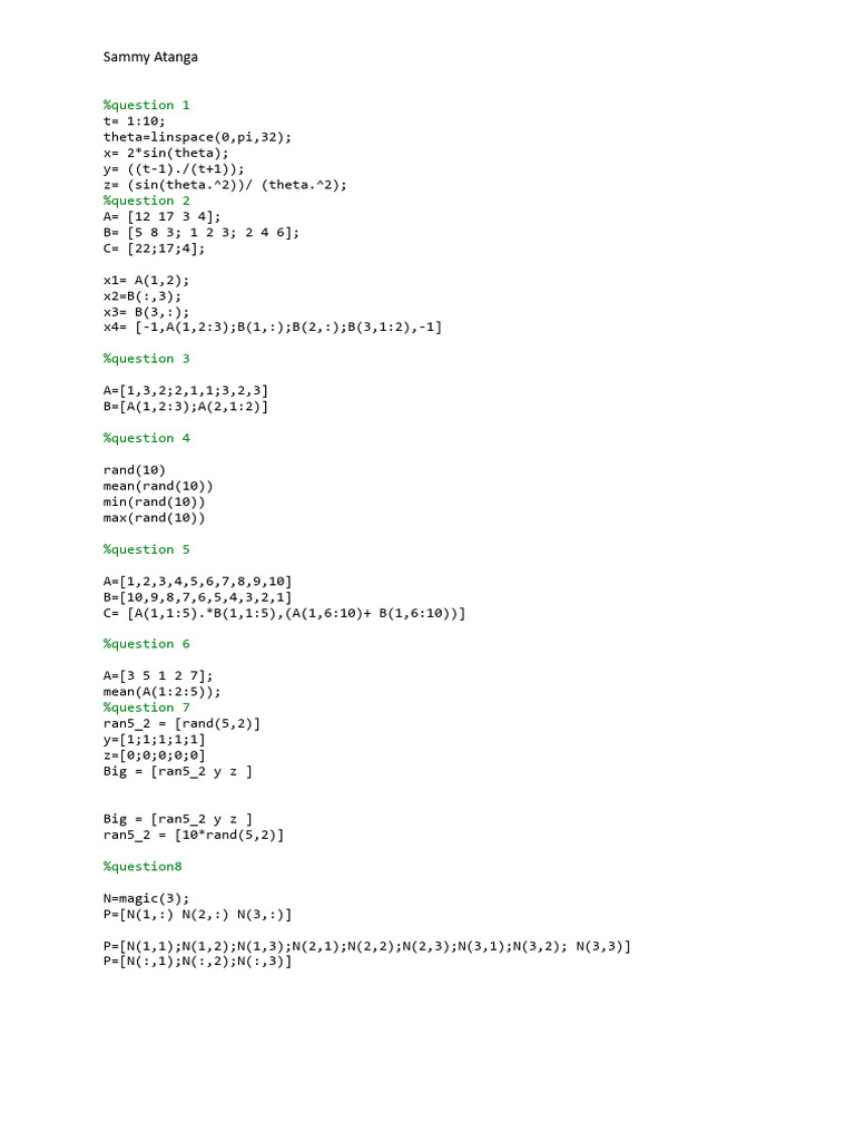 Matlab Worksheet 2 | PDF