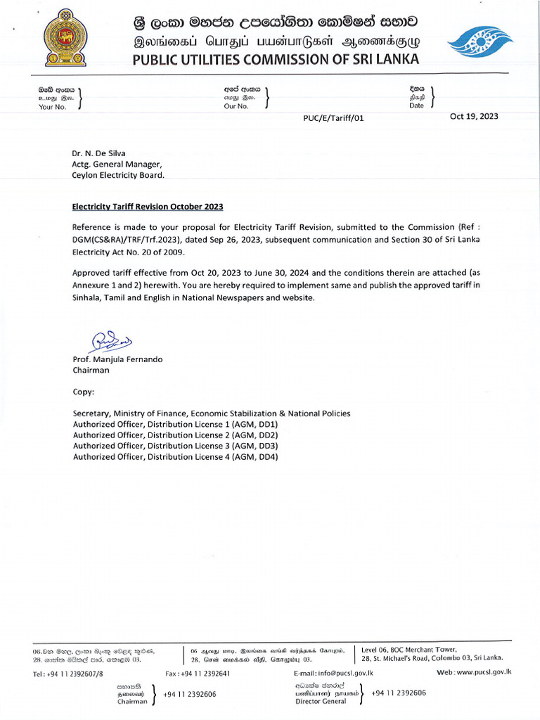 Electricity Tariff Revision October 2023 CEB | PDF