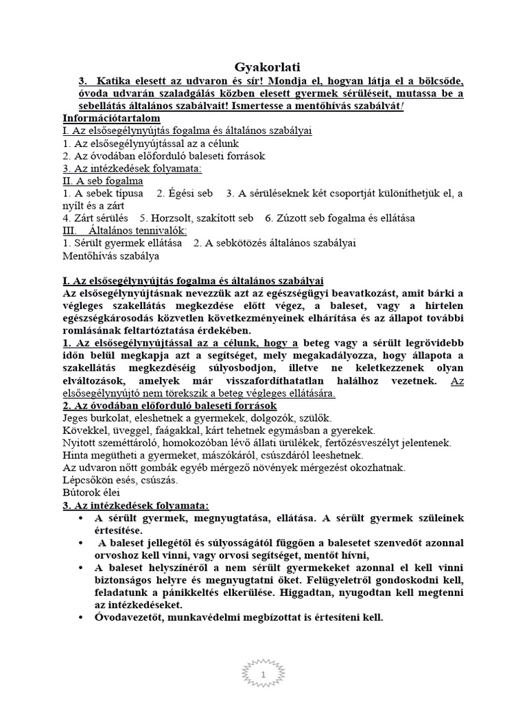 Bölcsődei Gyakorlati Baleset Ellátása | PDF