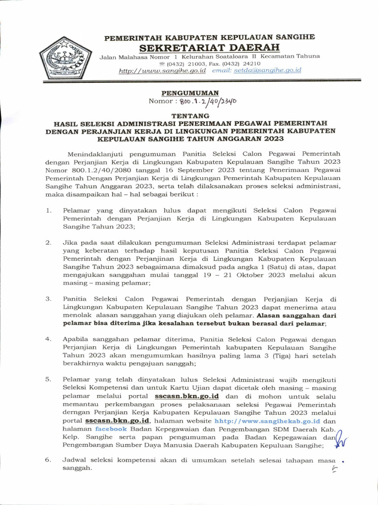 Pengumuman Hasil Seleksi Adm PPPK T.A 2023 | PDF