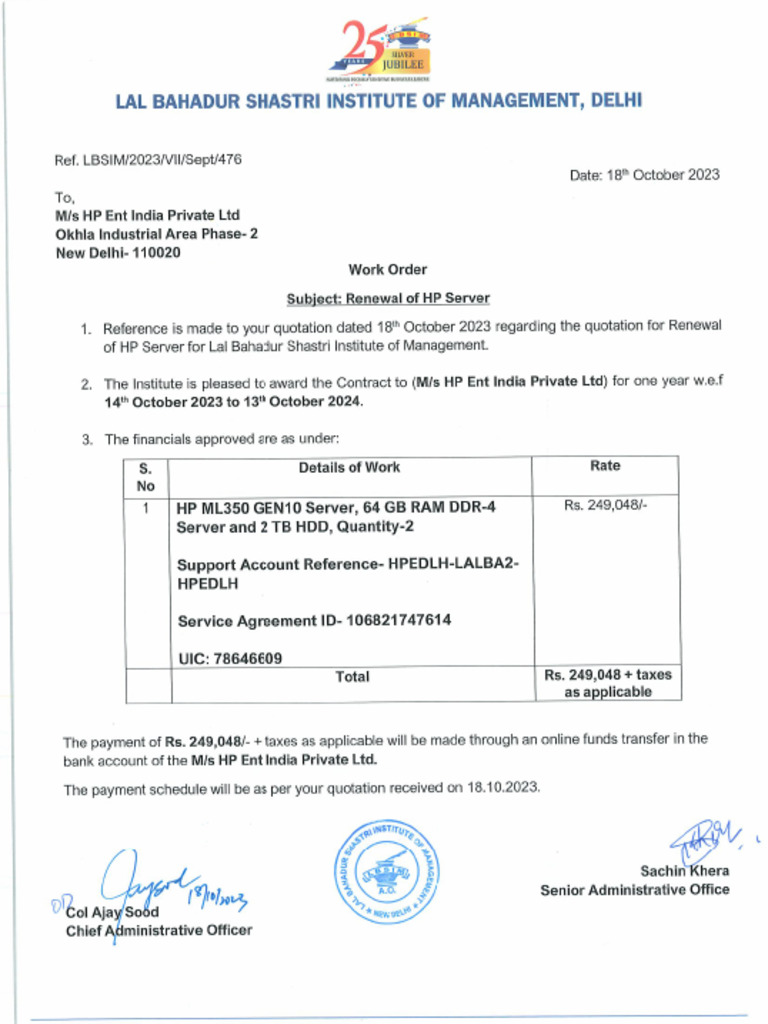 Work Order To HP Ent India Pvt. LTD | PDF