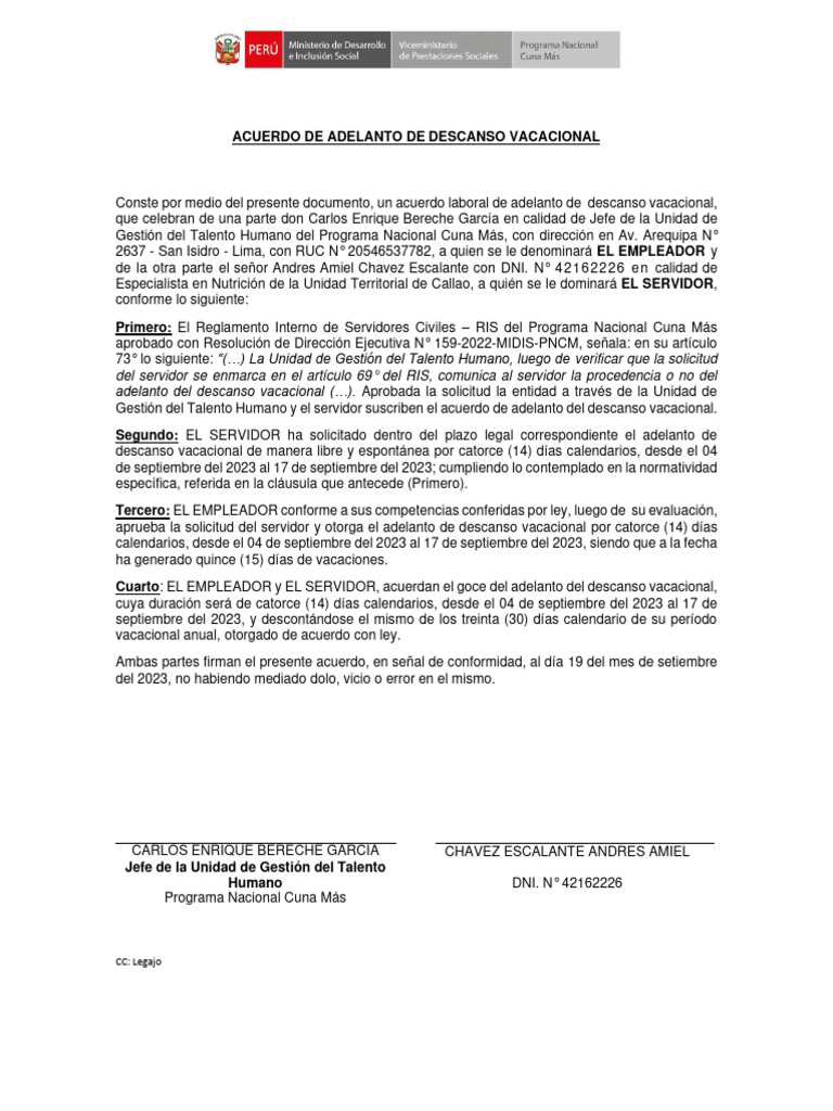 Acuerdo de Adelanto de Descanso Vacacional | PDF | Gobierno