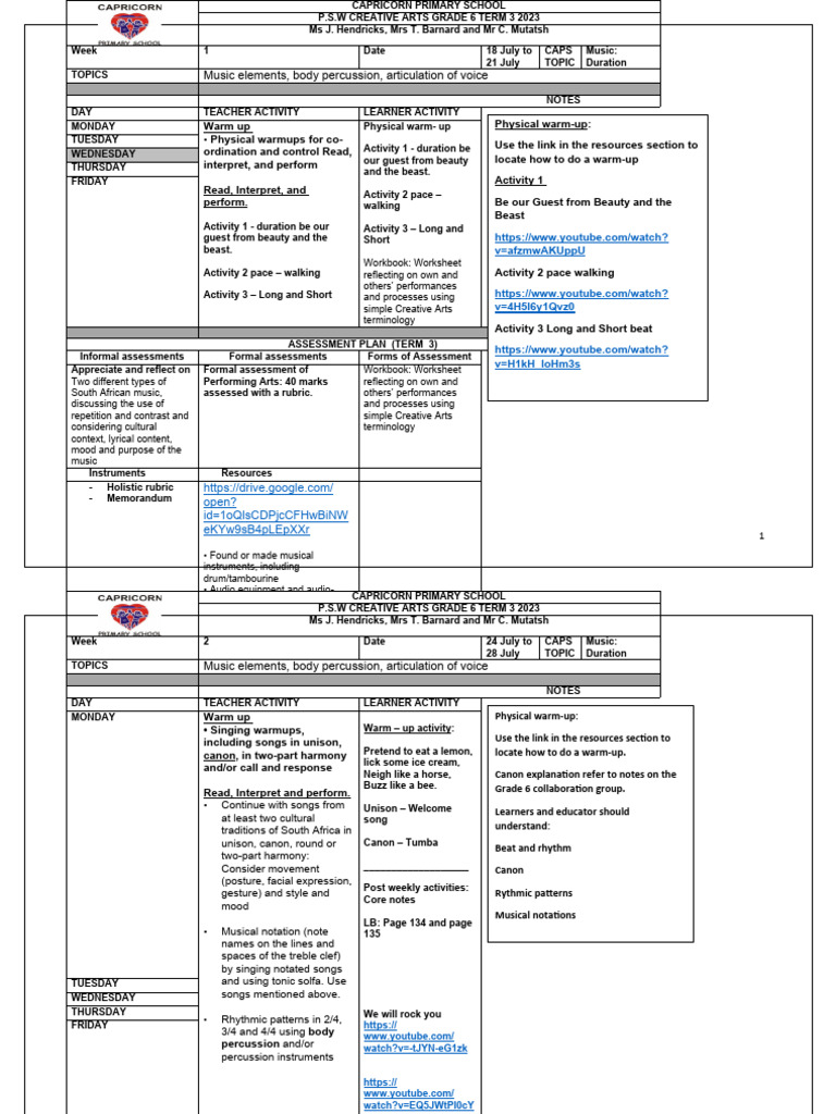 Creative Arts TERM 2 2023 LESSON PLANS | PDF | Rhythm | Musical Notation