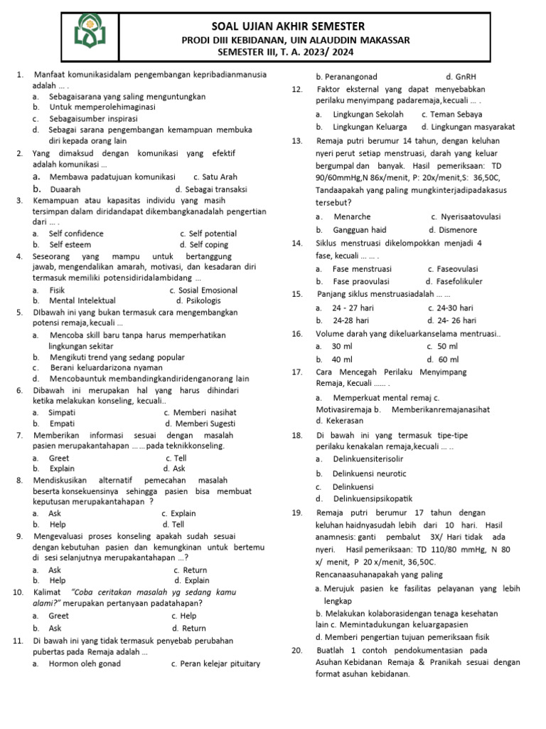 Soal Uas Askeb Remaja & Pranikah | PDF