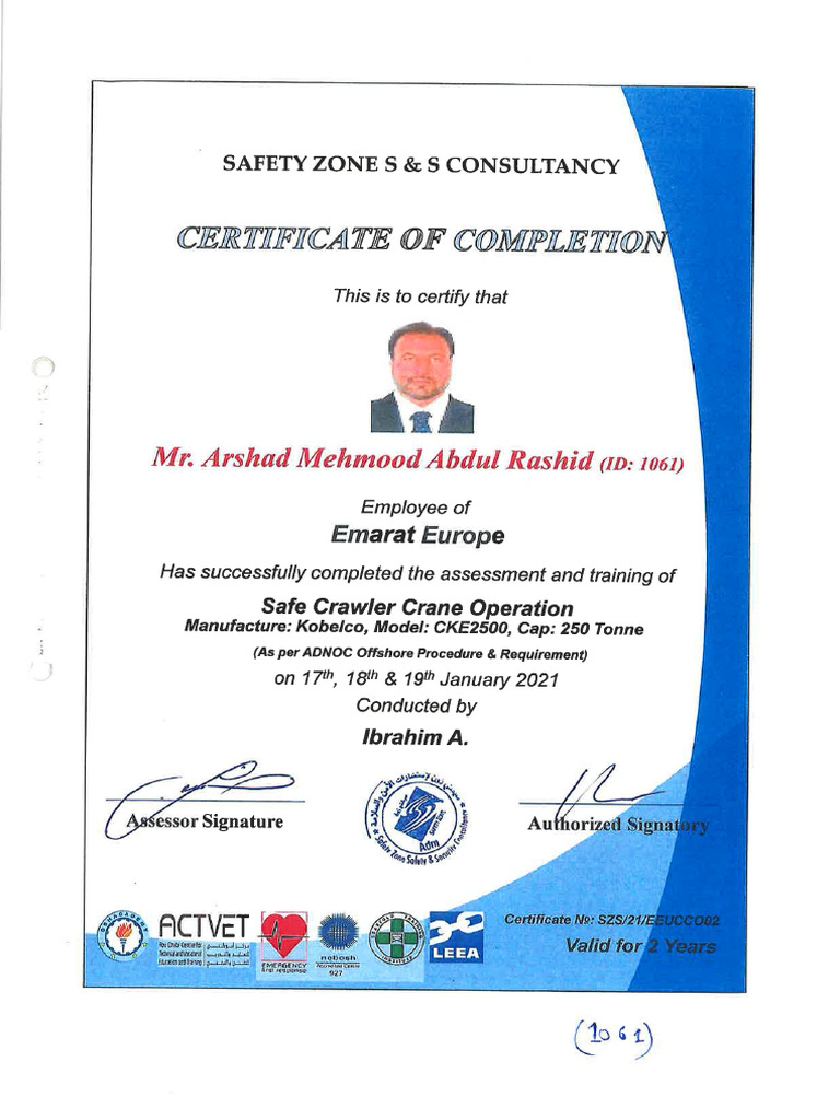 Certificate of Completion-Safe Crawler Crane Operation | PDF