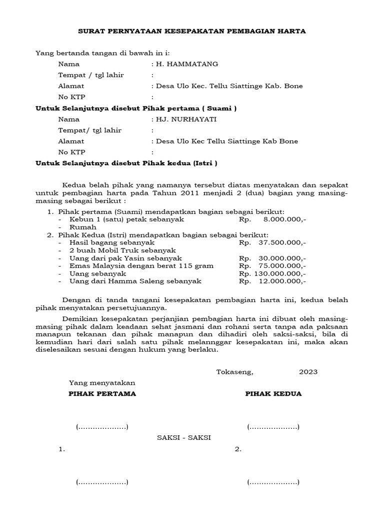 Surat Pernyataan Kesepakatan Pembagian Harta H.hammatang | PDF