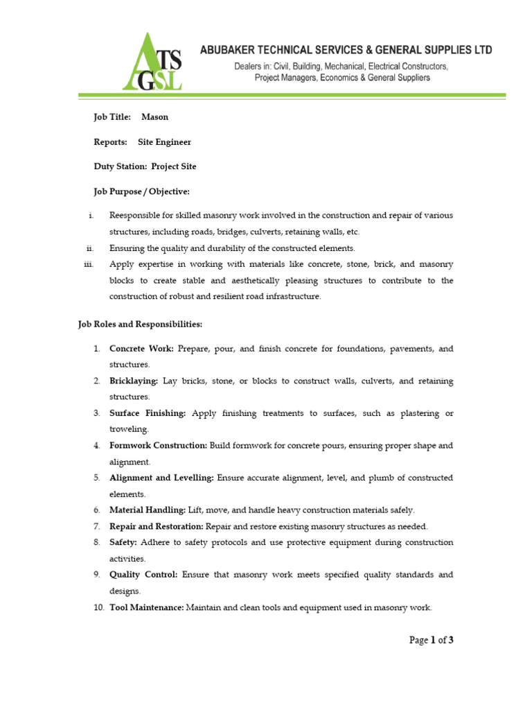 Mason Job Description | PDF