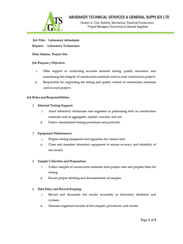 Laboratory Attendant Job Description | PDF | Laboratories | Accuracy ...