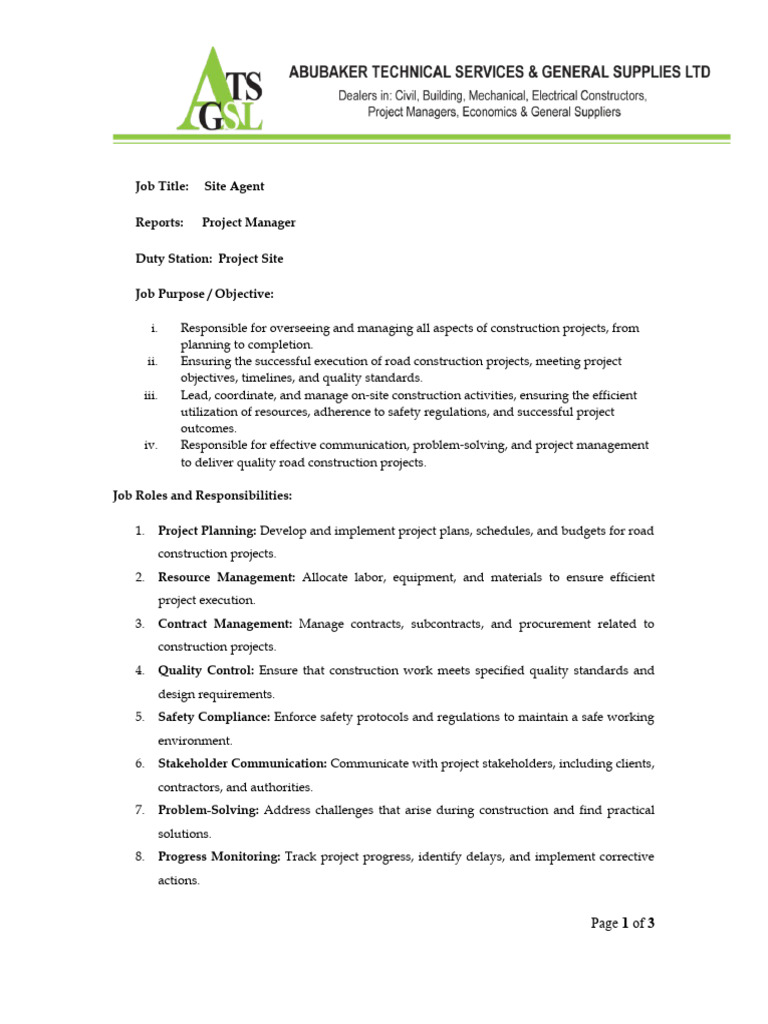 Site Agent Job Description | PDF