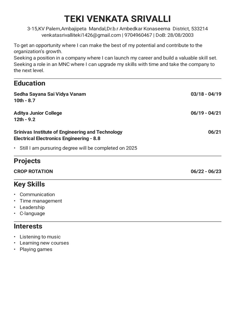 Teki Venkata Srivalli - Resume | PDF