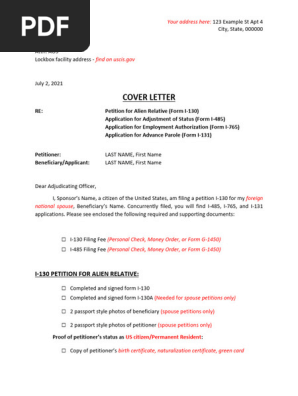I 130 Cover Letter Sample
