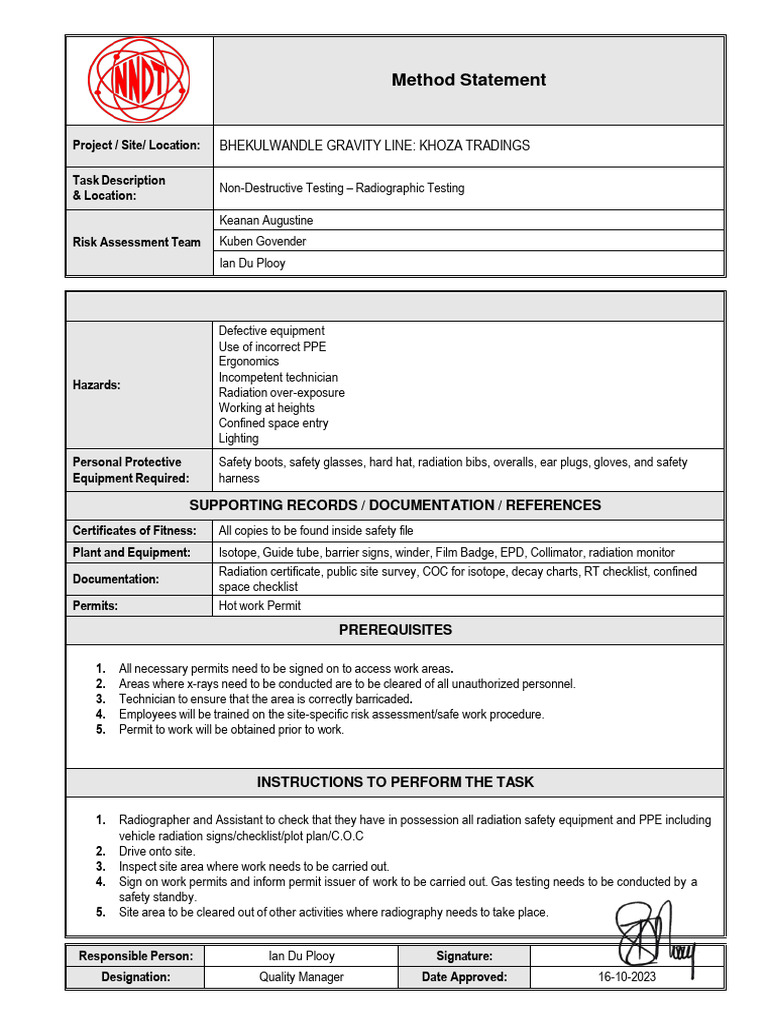 NTD Method Statement | PDF | Safety | Radiation