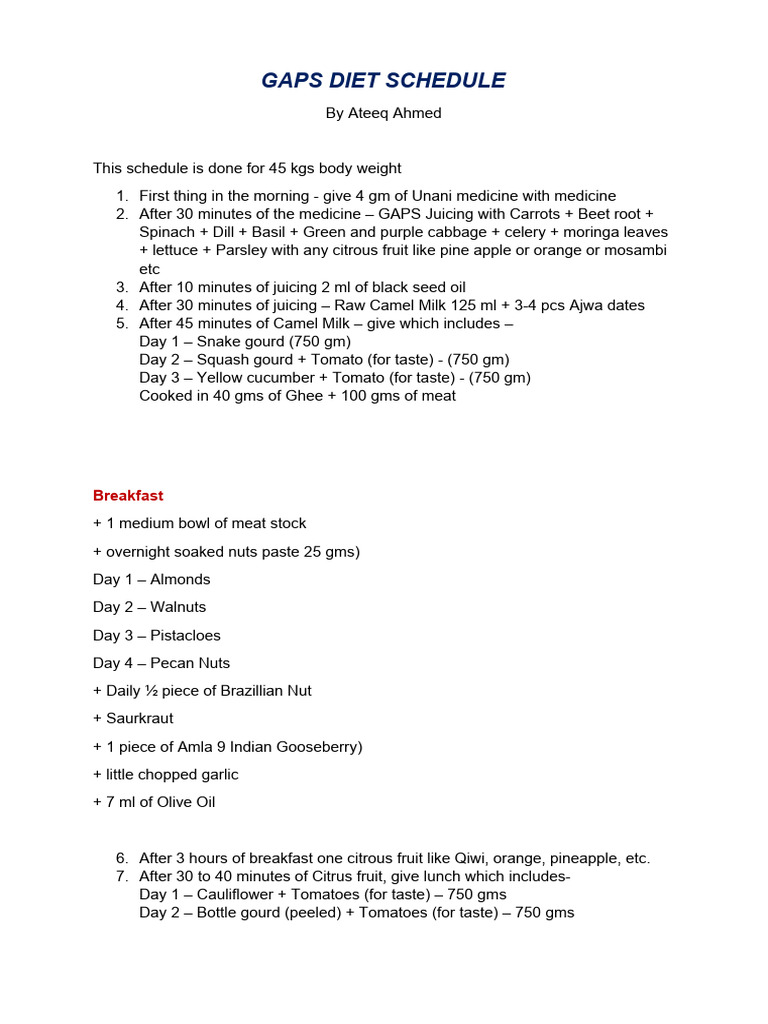 GAPS Diet Schedule for 45 kg Weight | PDF | Fruit | Genetically ...