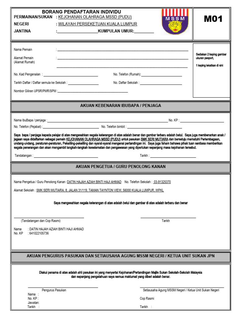 Borang M01 Olahraga | PDF