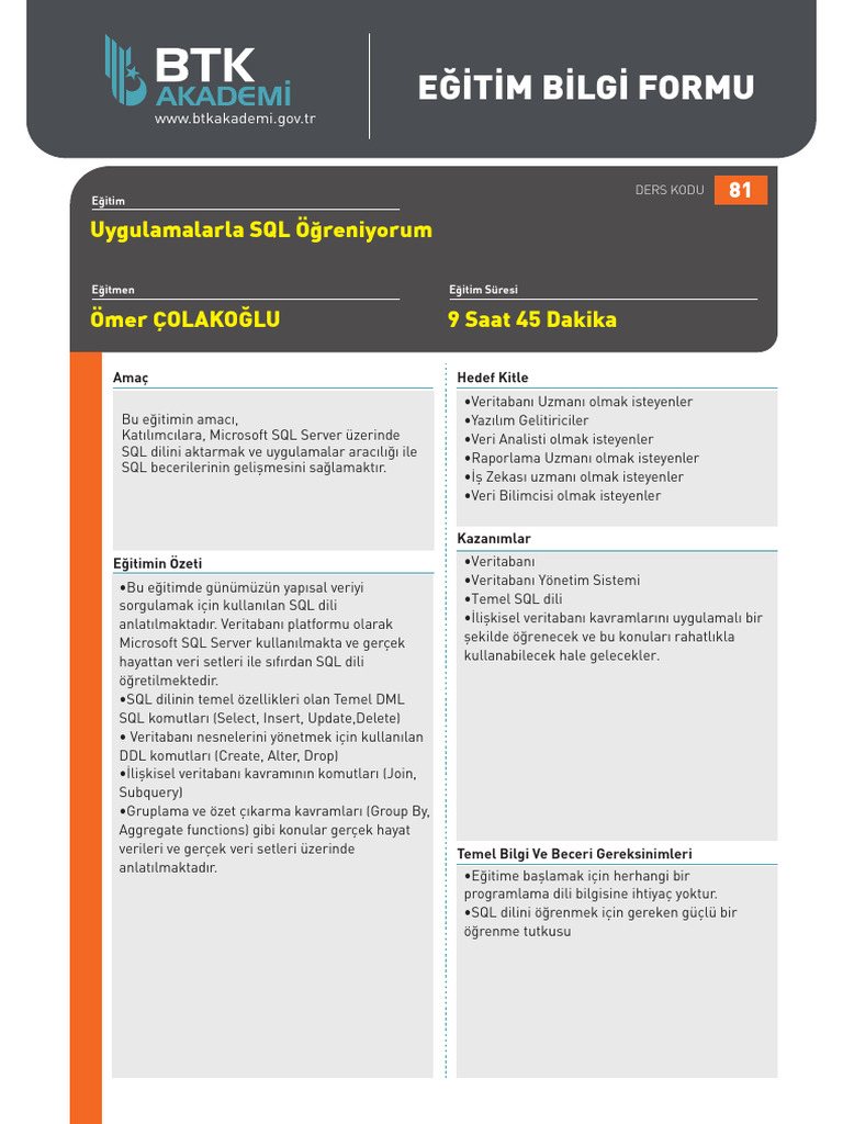 Uygulamalarla SQL Ogreniyorum Egitim Bilgi Formu | PDF