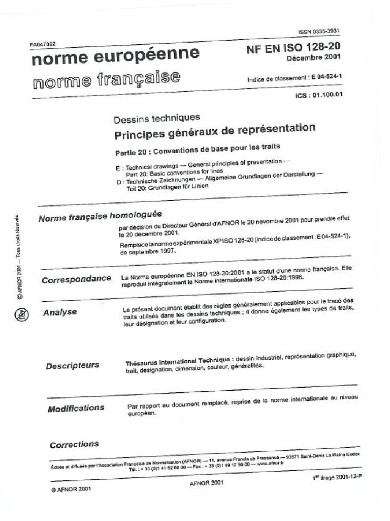 NF EN ISO 128-20 Décembre 2001 | PDF