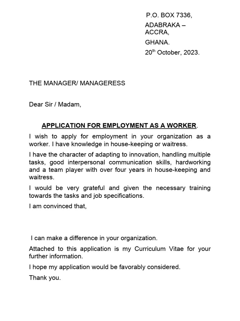 Application For Employment As A Worker | PDF