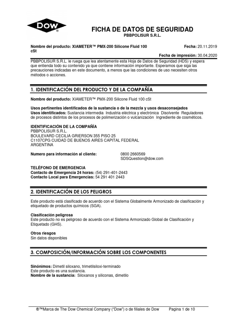 XIAMETERâ - PMX-200 Silicone Fluid 100 cSt-Hoja de Datos de Seguridad ...