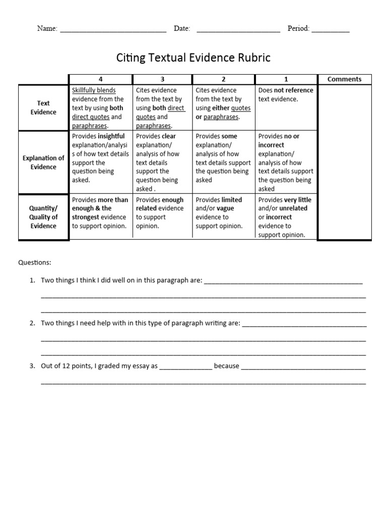 Citing Textual Evidence Rubric 2 | PDF