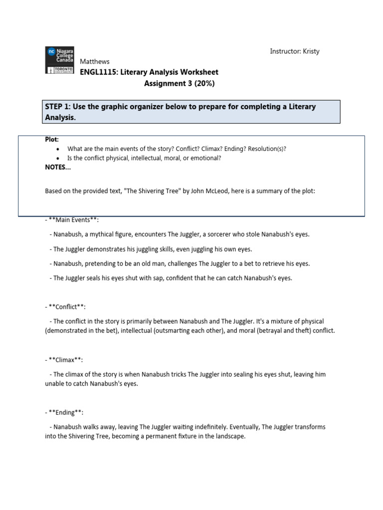 ENGL1115: Literary Analysis Worksheet Assignment 3 (20%) STEP 1: Use ...