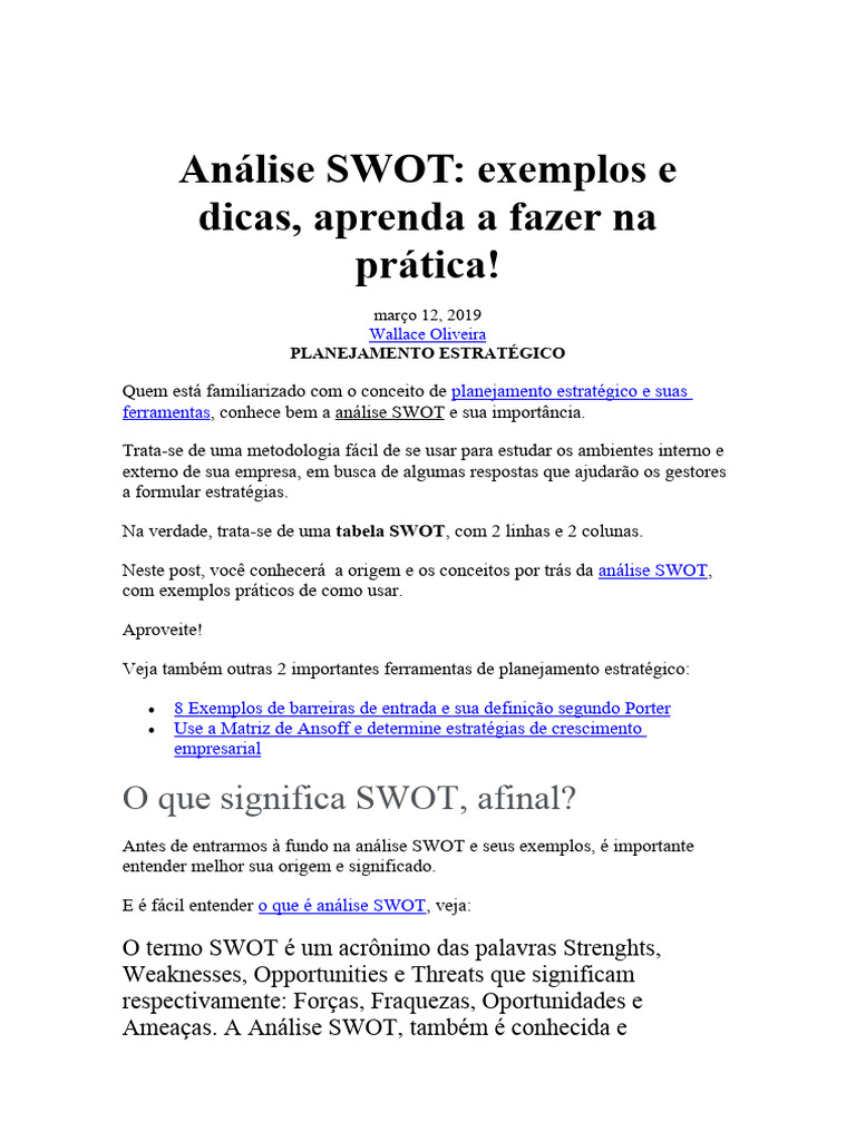 Análise SWOT - Exemplos e Dicas, Aprenda A Fazer Na Prática! | PDF