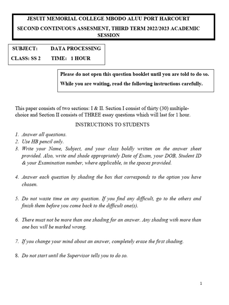 SS2 Data Processing Exam | PDF | Operating System Technology | Cybernetics